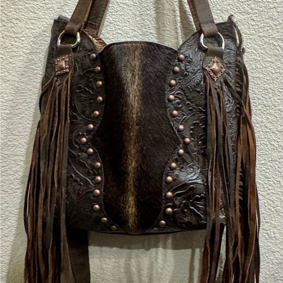 Buckskin Horse Designs | Bags | Dark Brown Tooled Leather Shoulder Bag ...